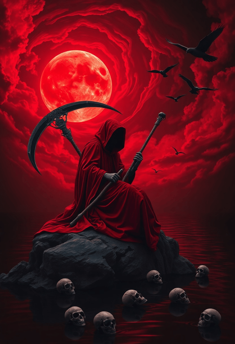 Grim Reaper Under Blood Moon by a Dark Lake - Pincel